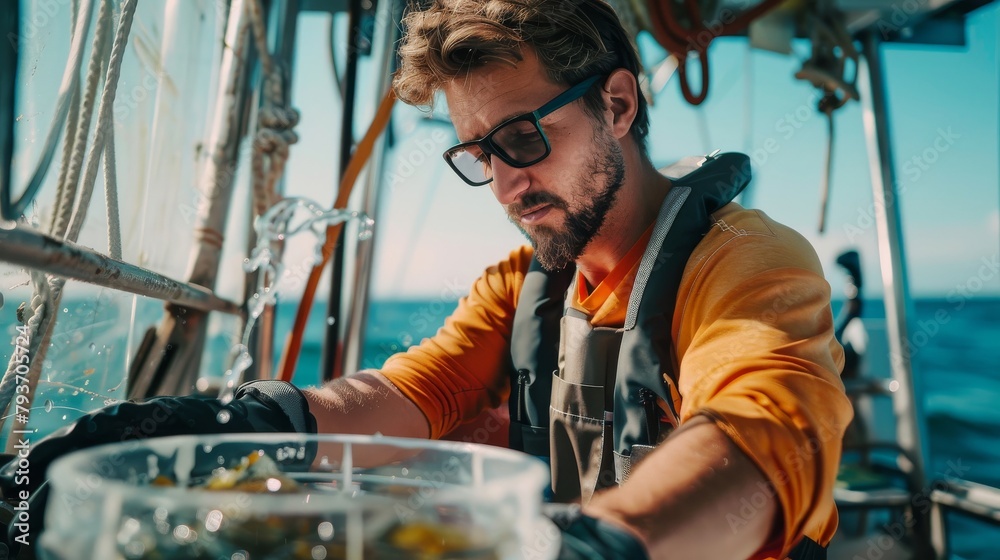 Marine biologist on a boat, adventurous, examining marine life samples ...