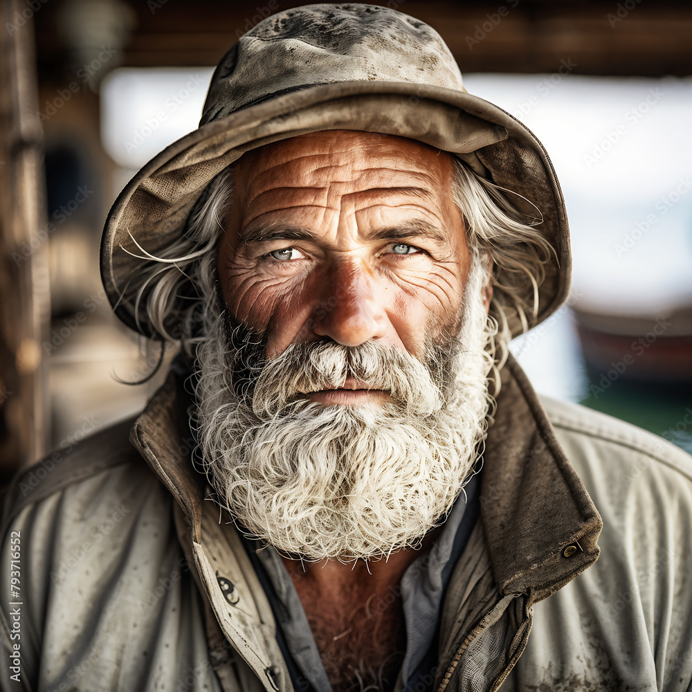 portrait of a man, veteran fisherman face detailed with deep wrinkles ...