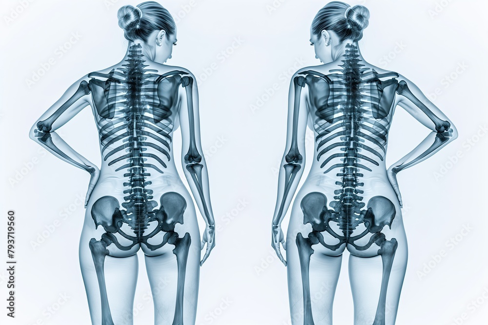 X-ray images of two women's bodies, back view, white background ...