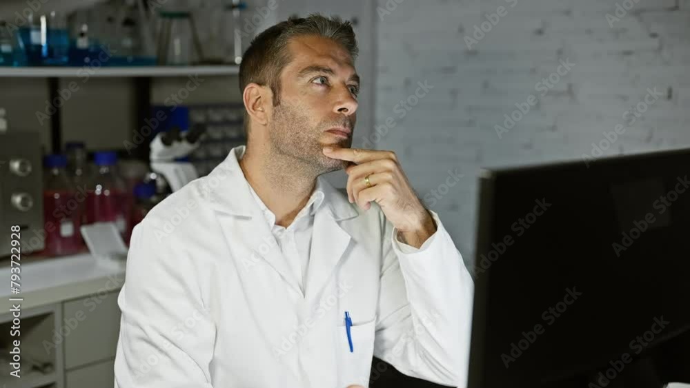 Vidéo Stock Cheerful young hispanic scientist at lab, thinking up a ...