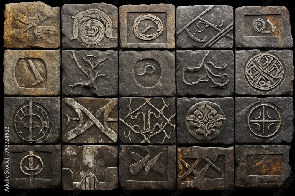 Engraved Stone Textures: Ancient Runes Iconography Extravaganza Stock ...