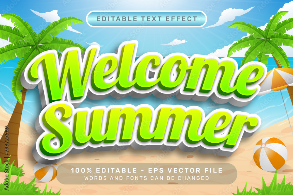 welcome summer 3d text effect and editable text effect with a beach ...