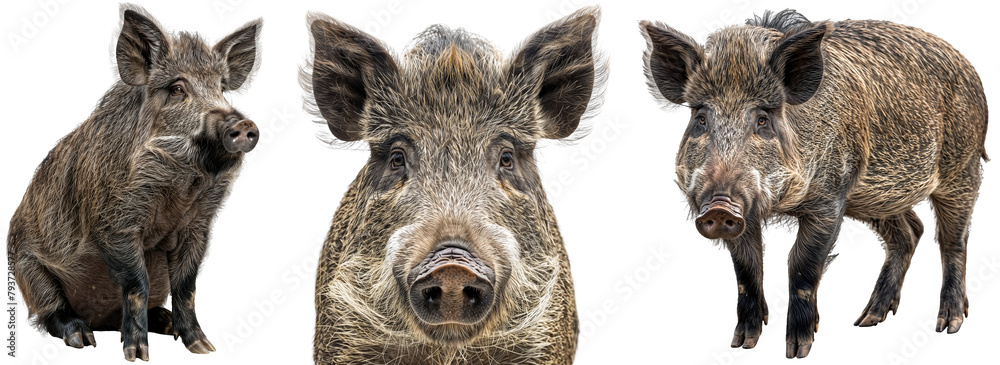 Wild boar collection, sitting, portrait and standing, animal bundle ...