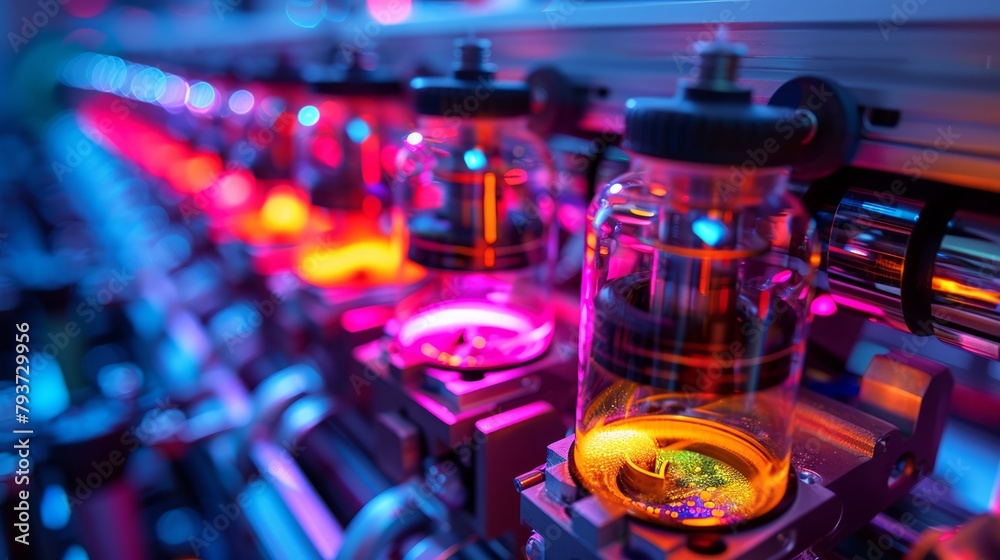 Macro view of a printer’s heart with multicolored cartridges ready to ...