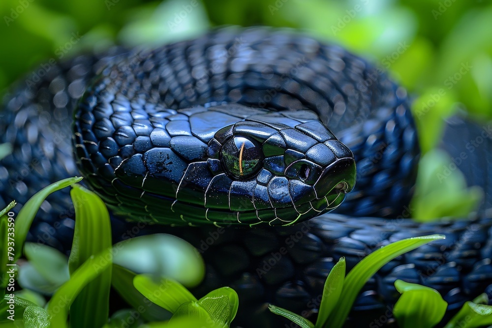 Black Rat Snake: Slithering through grass with glossy black scales ...