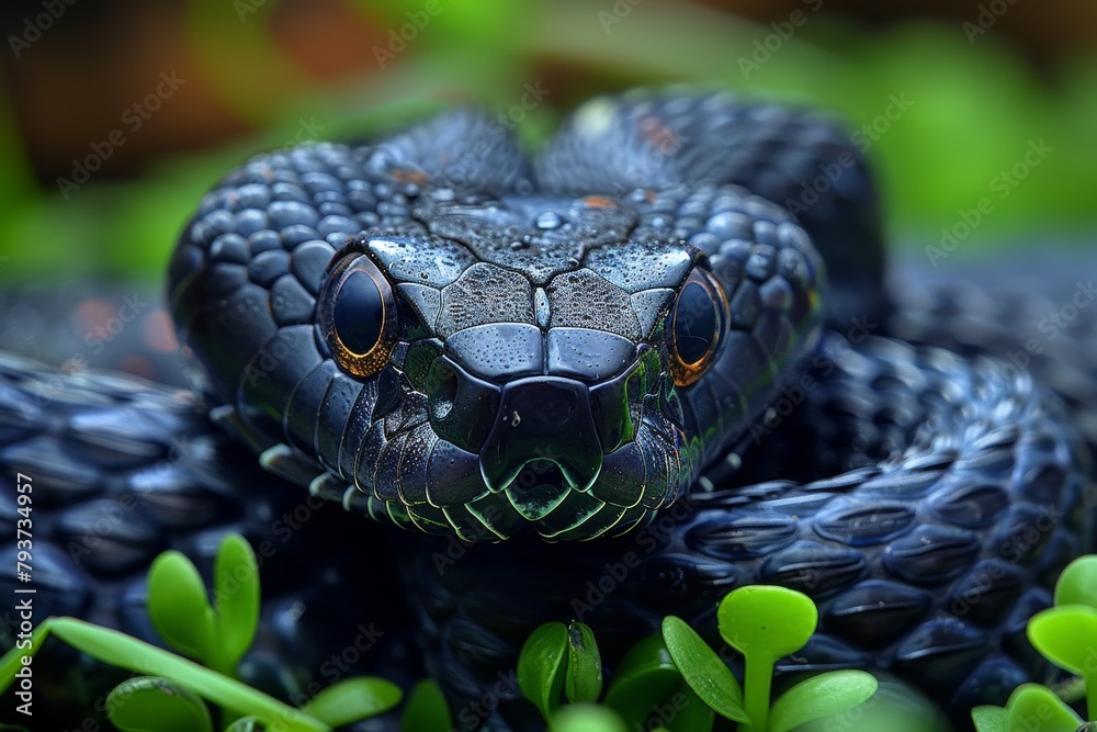Black Rat Snake: Slithering through grass with glossy black scales ...