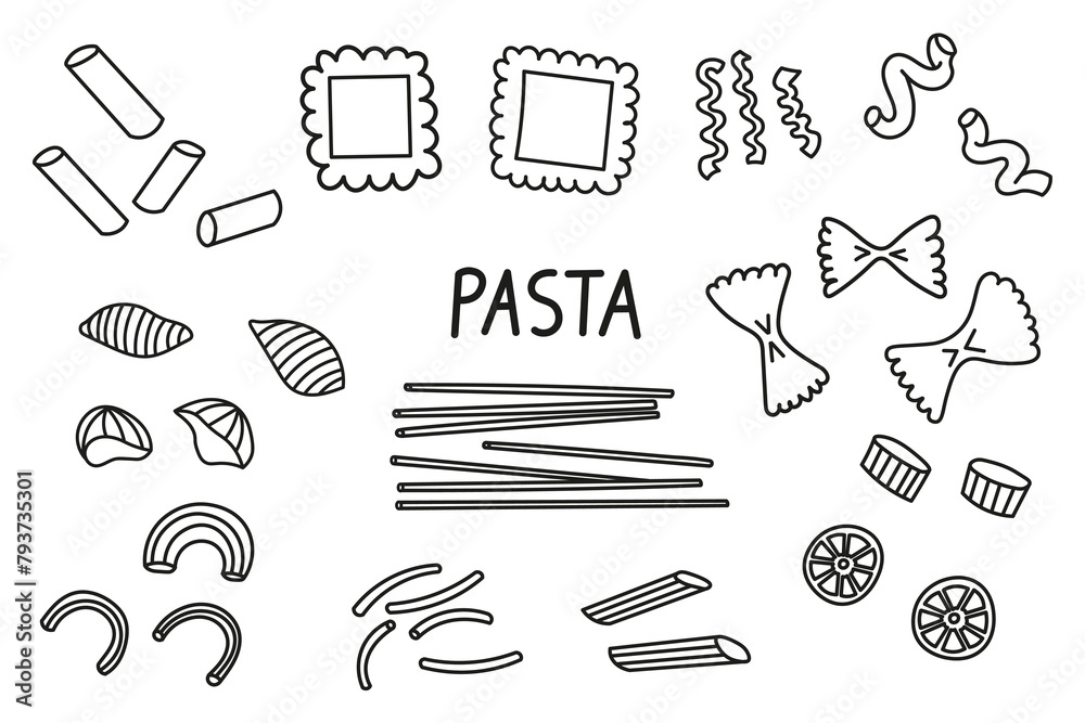 Pasta doodle set line art. Vector sketch illustration on isolated ...