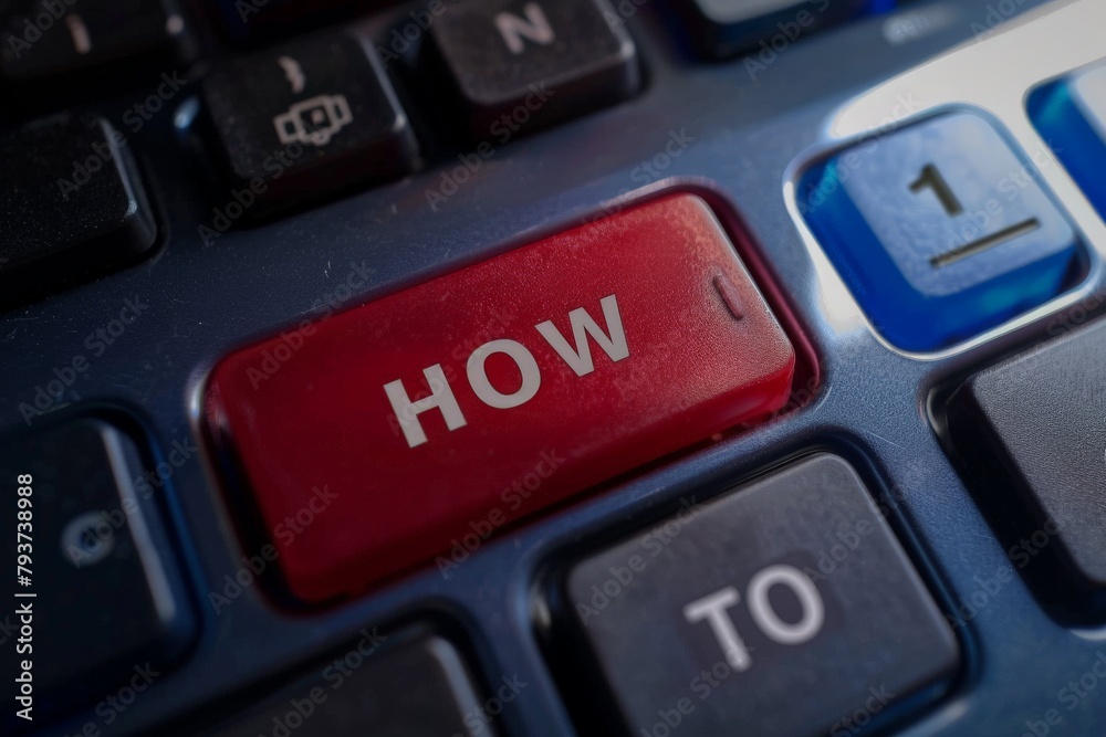 On a gray surface there are question marks and a blue sticker with the ...