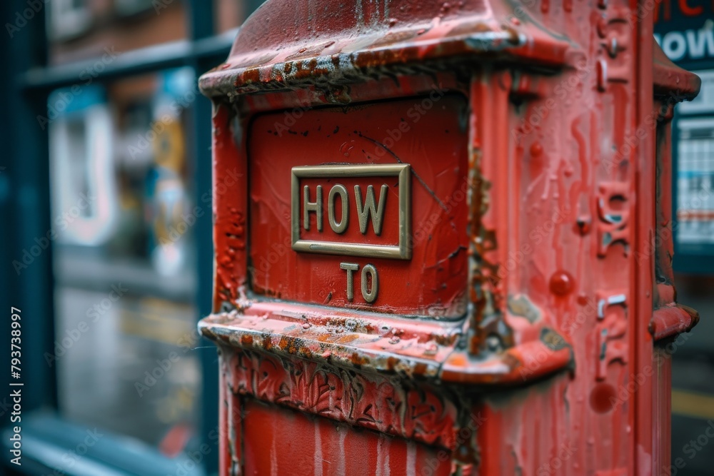 On a gray surface there are question marks and a blue sticker with the ...