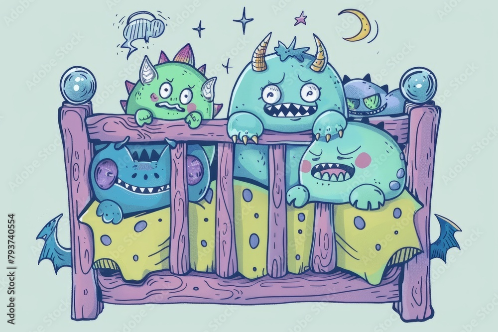 Cartoon cute doodles of baby monsters taking a nap in their cozy ...