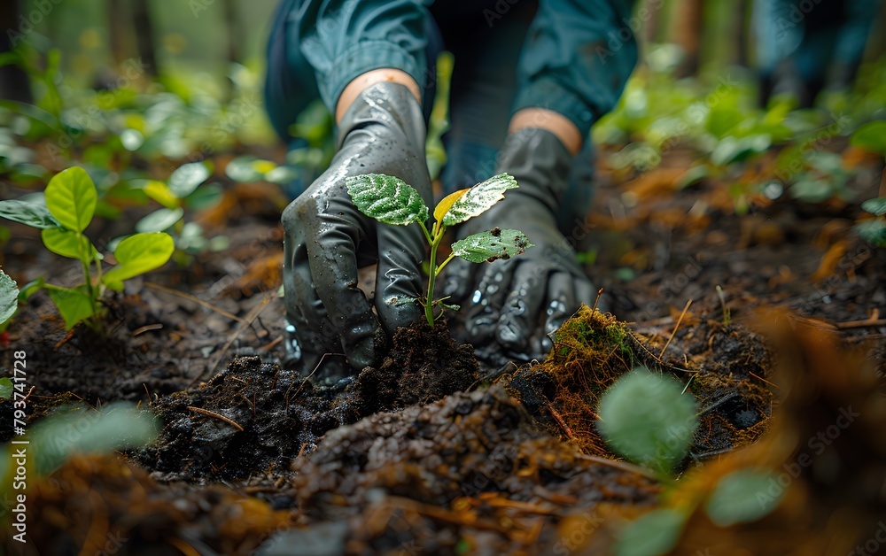 A group of volunteers planting saplings in a reforestation effort ...
