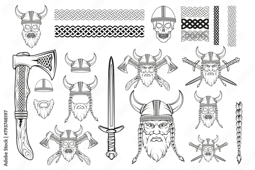 Set of various elements on the theme of the Vikings. Hand drawn of a ...