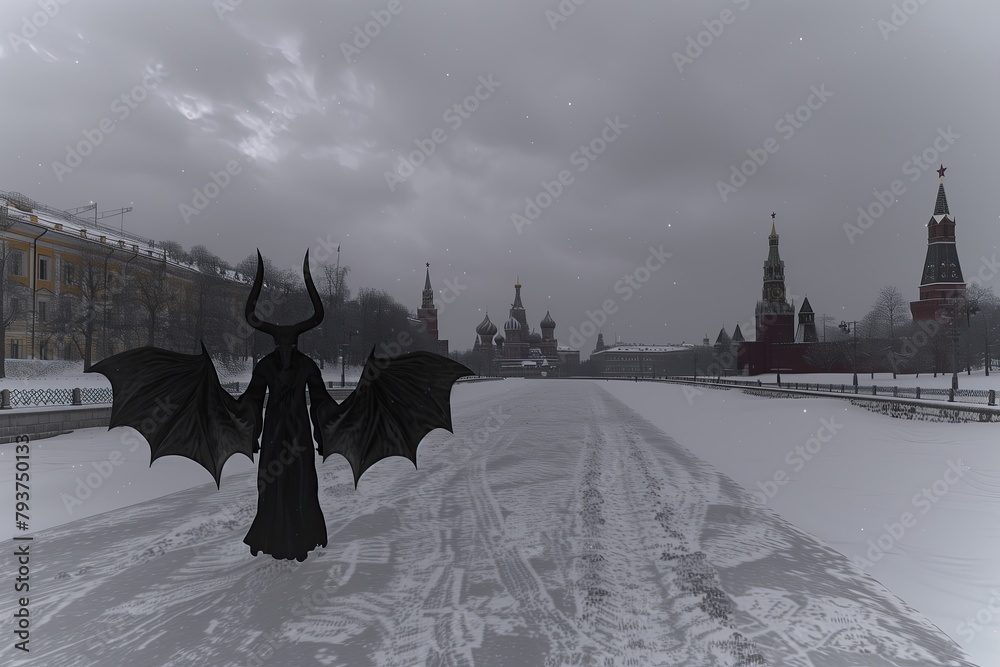 Black winged demon levitating above snowy and frozen Moskva river ...