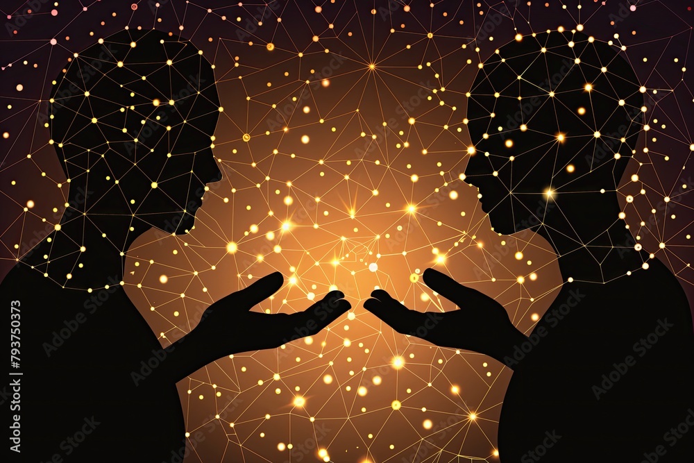 Two silhouettes facing each other. Connection. Unity. Digital network ...