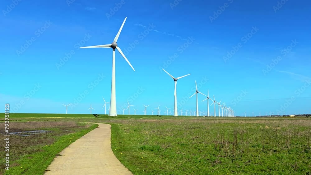 Vidéo Stock Windmill park in Spring, windmill turbines generating green ...