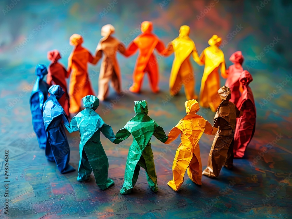 A diverse group of people holding hands, forming a colourful circle ...