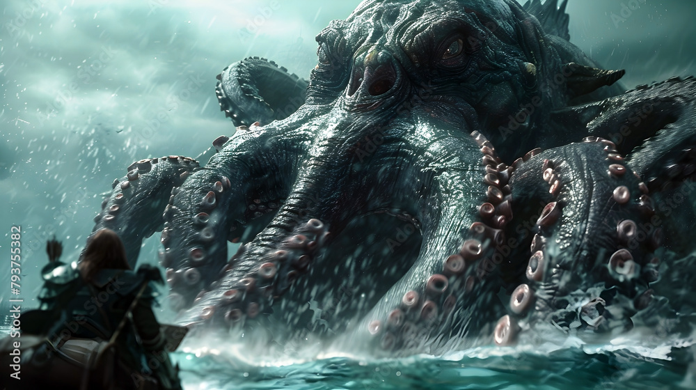Fearless Warrior Confronting the Mighty Kraken in the Depths of the Ocean Stock Illustration ...