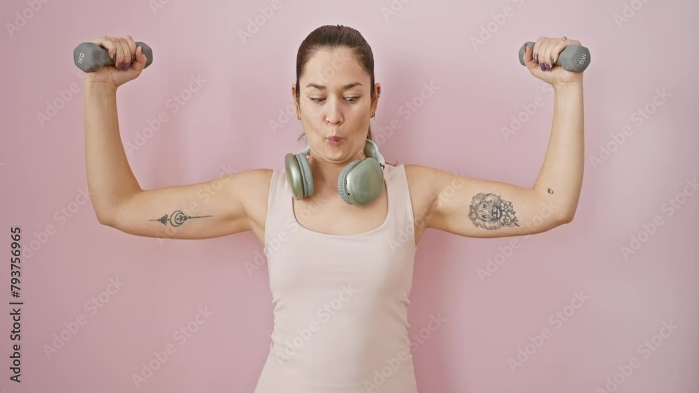 Crazy fun! young woman with blue eyes, in sportswear, making a comical ...