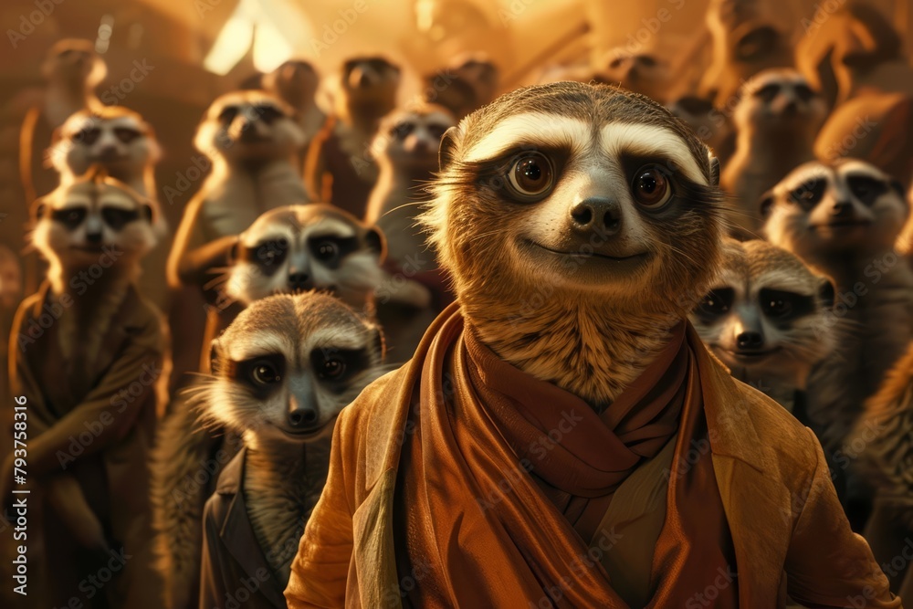 A charismatic sloth CEO, draped in a silk sash, delivered a ...
