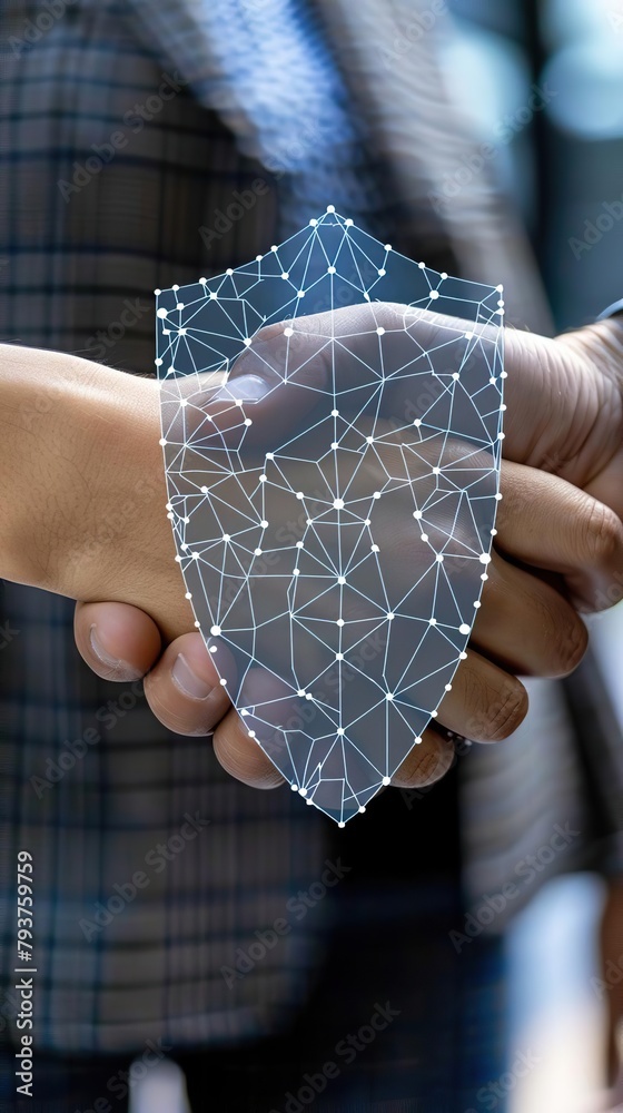 Handshake with Digital Shield Overlay, A handshake with a digital ...