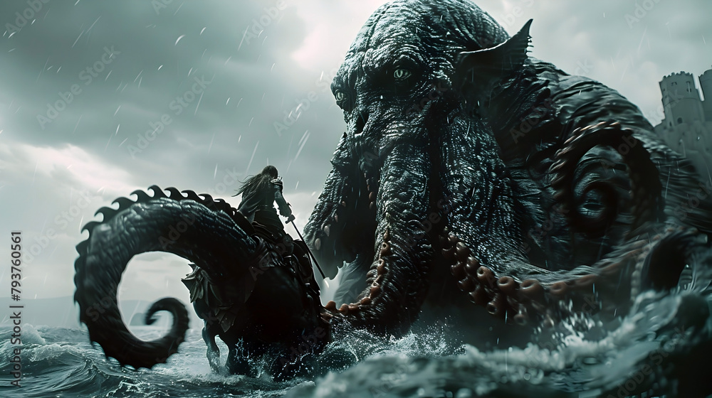 Solitary Warrior Confronts the Colossal Kraken in a Perilous Ocean ...