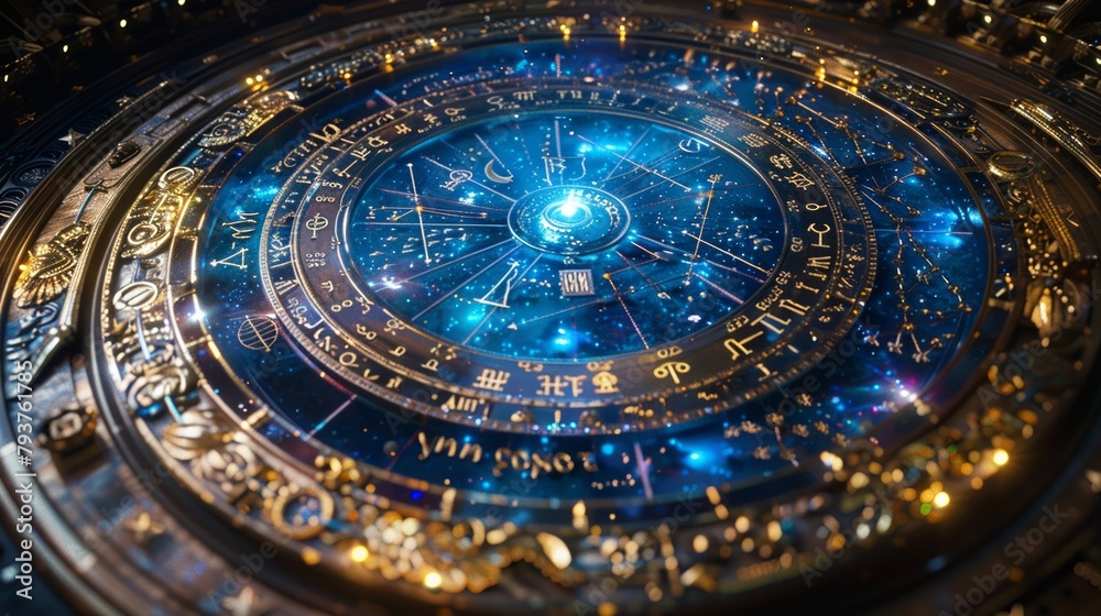 Luminous celestial chart depicting horoscope symbols revolving around a ...