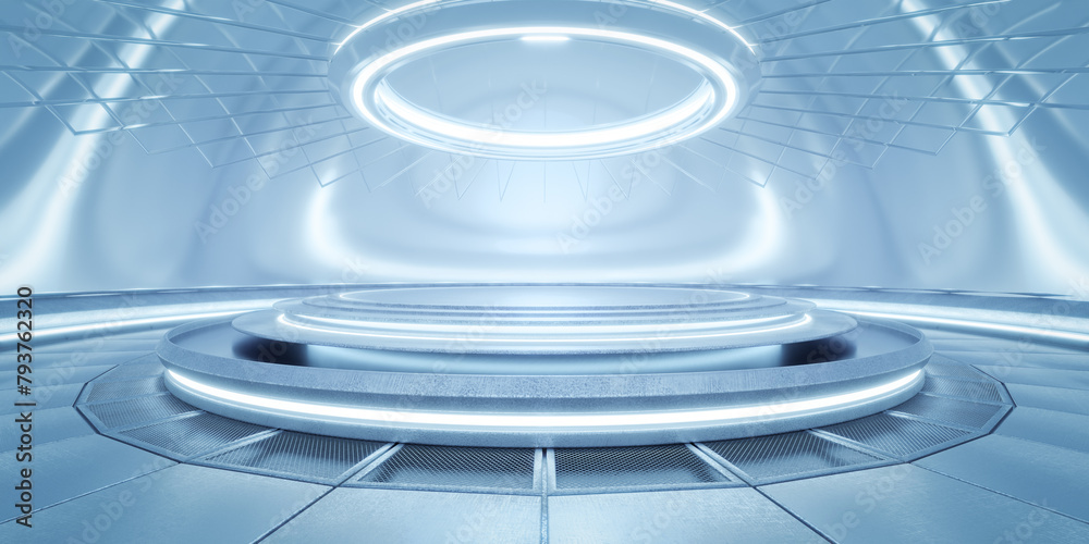 3D Empty, high-tech room with a circular lighting interface in a ...