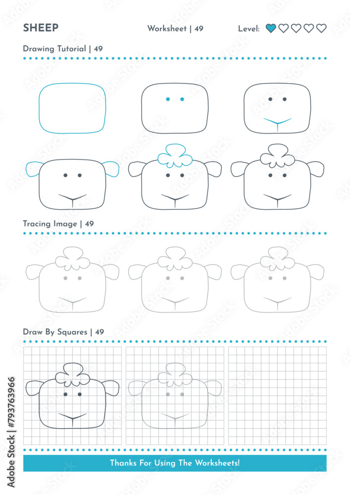 How to Draw Doodle Animal Sheep, Cartoon Character Step by Step Drawing ...