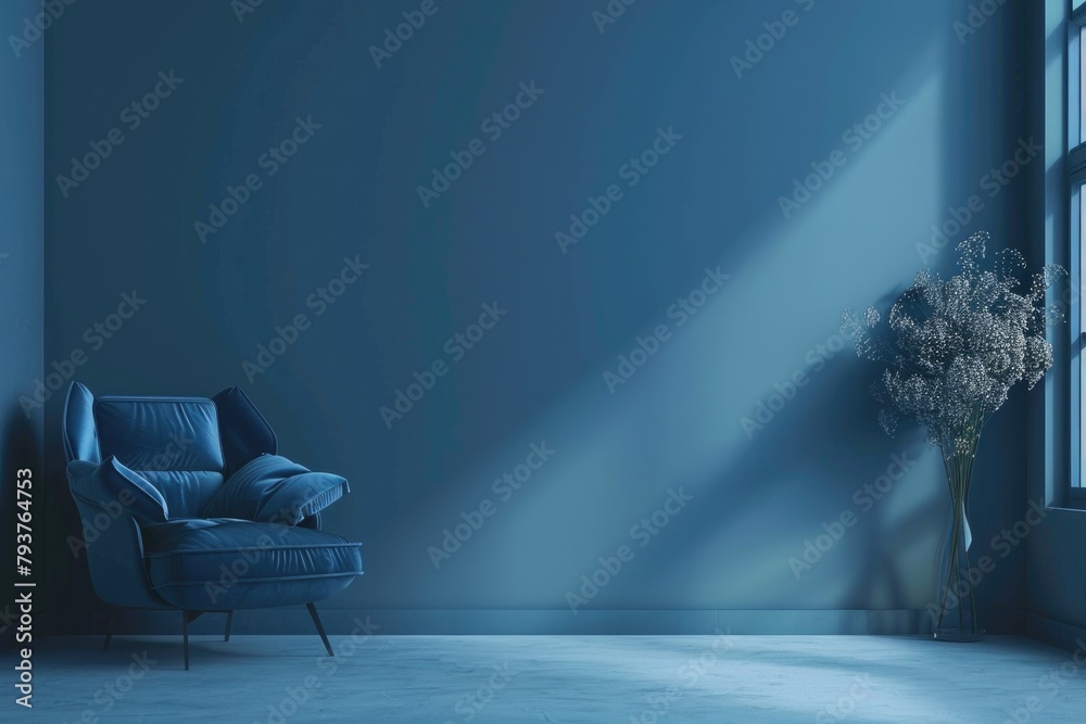 Blue Interior Wall Design in Trendy Living Room with Cyan Accent. Dark ...