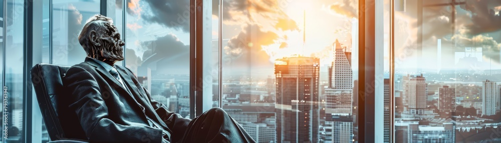 Portrait of a zombie CEO in a modern office, looking out a window over ...