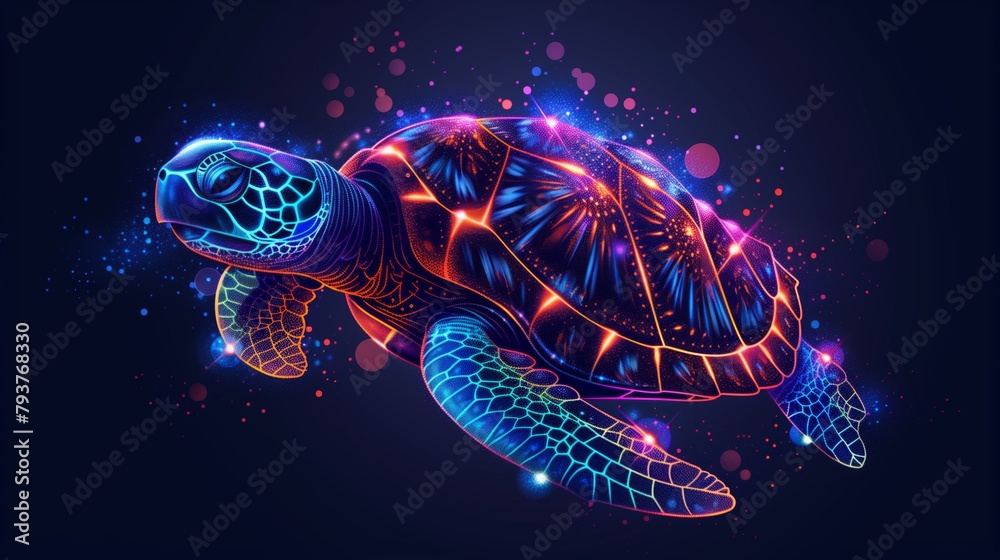 Sea turtle. Abstract, artistic, neon drawing of a sea turtle on a dark ...