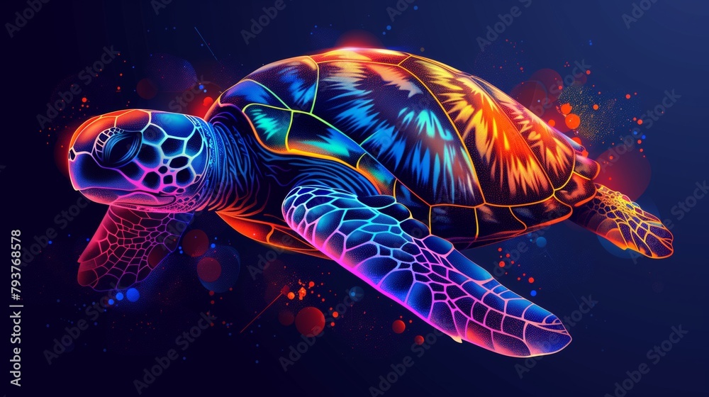 Sea turtle. Abstract, artistic, neon drawing of a sea turtle on a dark ...
