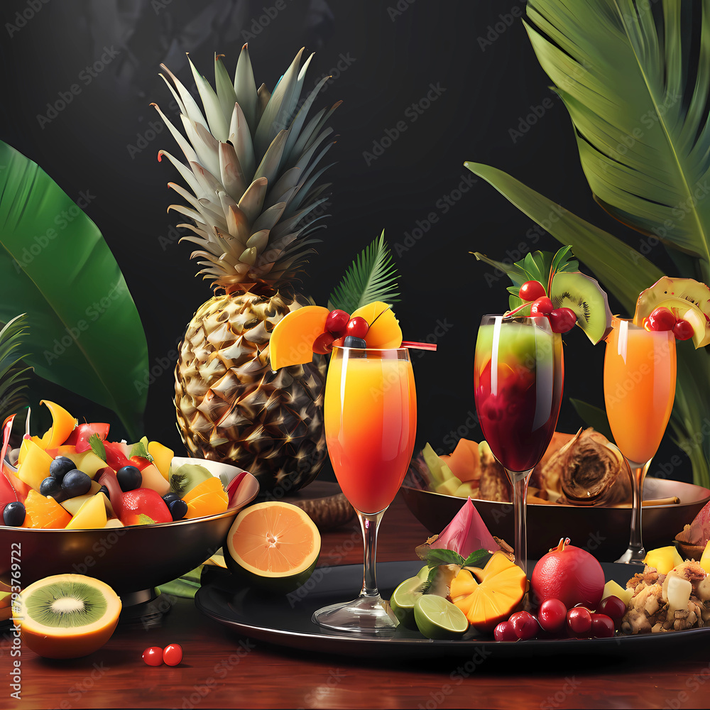 realistic, fruit garnish, fine dining, tropical background, exotic ...