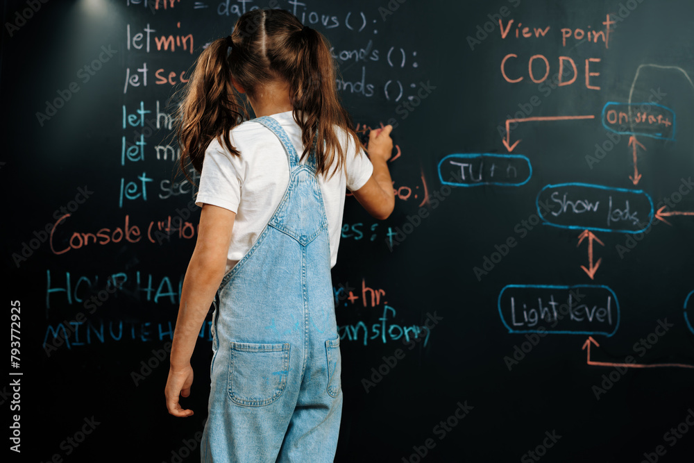 Back view of a school girl wear bib, the kid standing and writing the code about getting time on ...