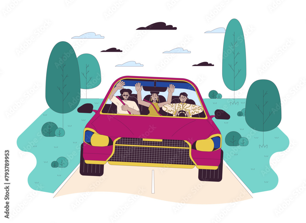 Reckless driving line cartoon flat illustration. Diverse friends riding ...