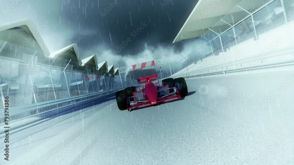 Winner Racing Car Passing Finish Line In A Rainy Day. Sports And Car ...