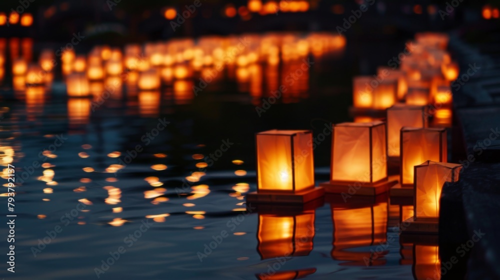 Rows of illuminated floating lanterns casting reflections on the water ...