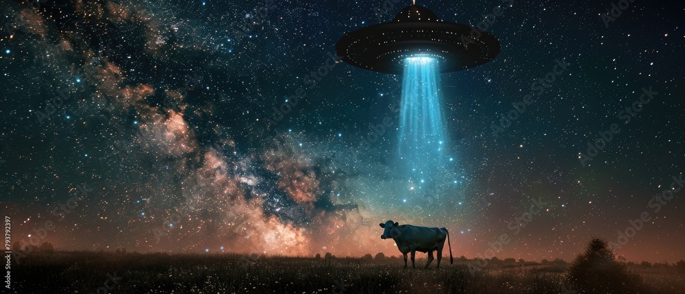 Whimsical image of a cow being gently lifted by a UFO beam into a ...