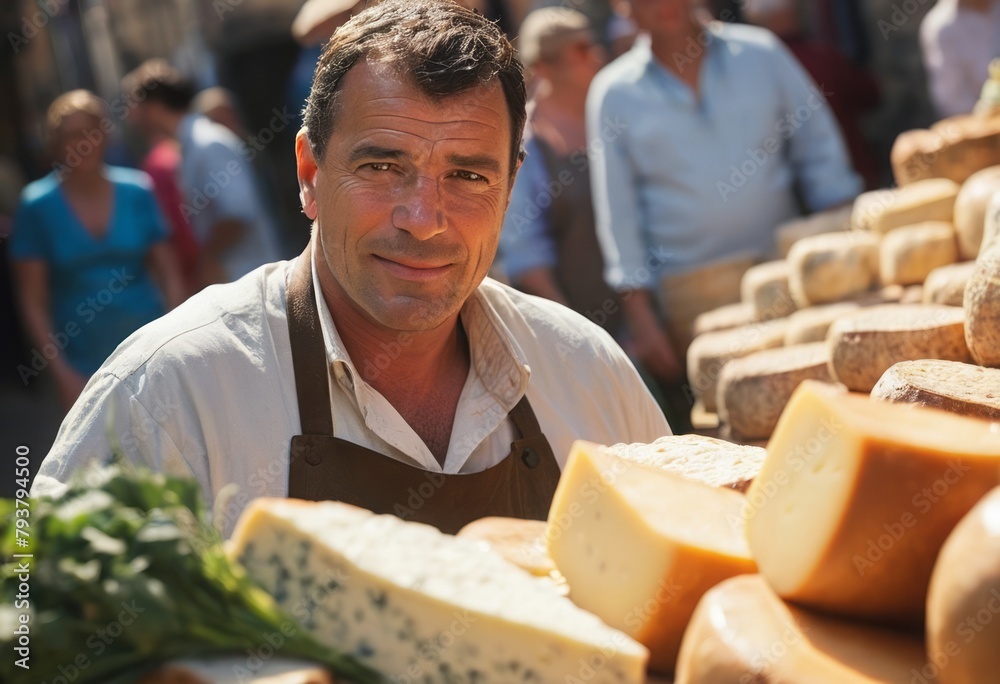 Cheese monger posing with pride by cheese selection. An authentic ...