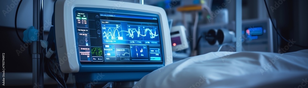 nurse, monitoring patients vital signs in an ICU, in a hightech ...