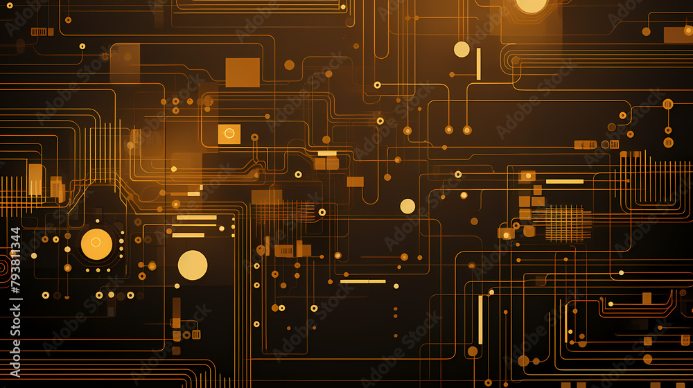 Featuring a series of interconnected golden brown circuit patterns ...