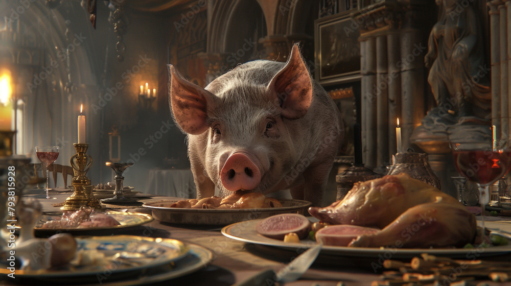 A pig feasting at a banquet in a grand hall where the walls tell ...