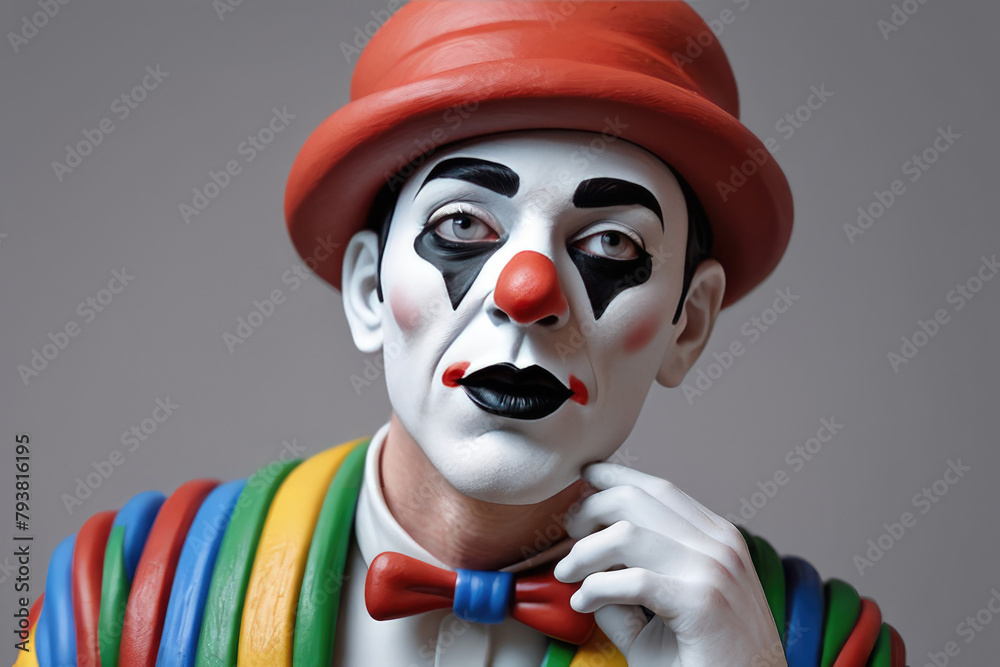 Portrait of clown is a mime with painted face in a silent expression ...