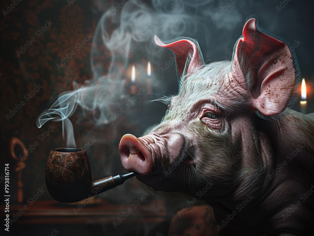 A pig smoking a pipe, blowing smoke rings that form into fantastical ...