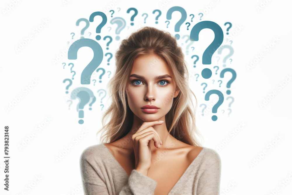 woman with a question mark icon above her head isolated on white ...