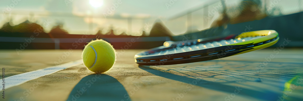 Tennis ball rolling on tennis court with one tennis racket on top of it ...