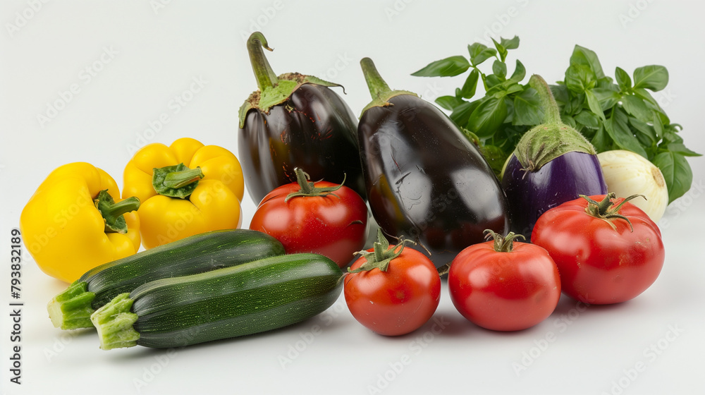 A visually appealing arrangement featuring fresh tomatoes, eggplants ...