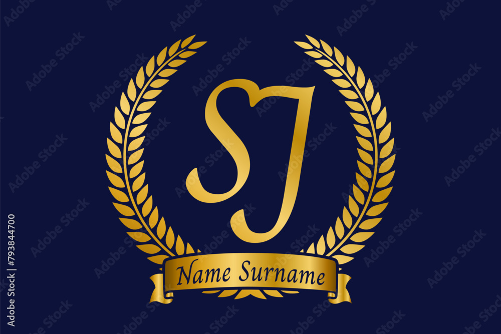 Initial letter S and J, SJ monogram logo design with laurel wreath ...
