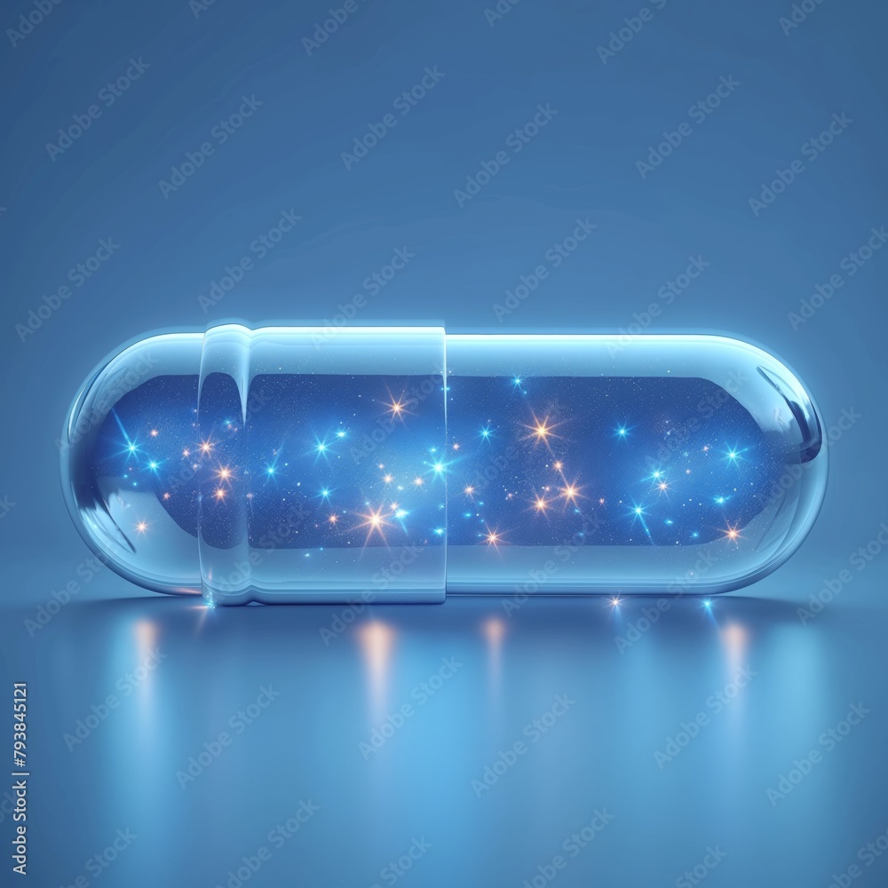 Futuristic capsule with cosmic sparkle, evoking advanced healthcare ...