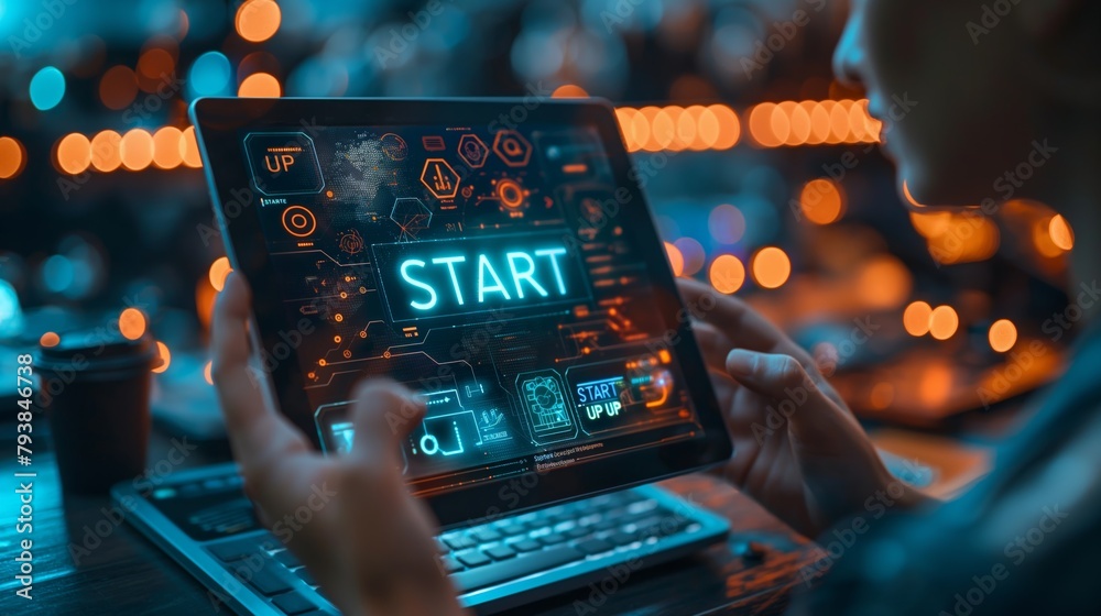 Entrepreneur activates startup interface on a tablet, showcasing ...